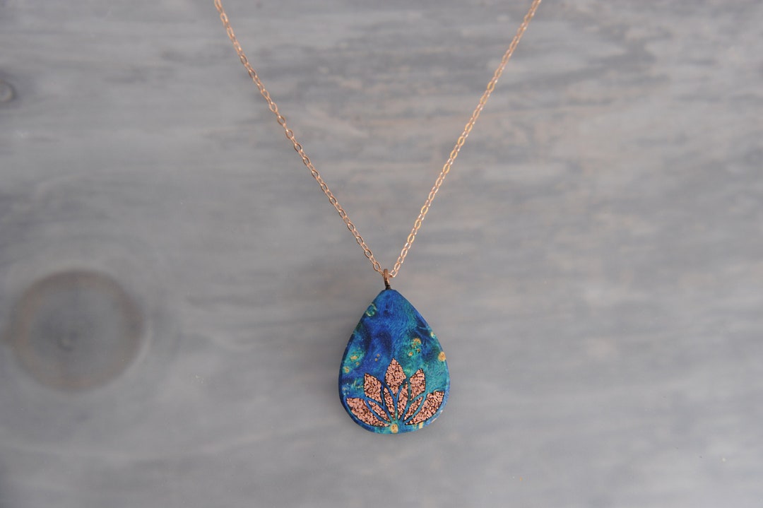 Copper Inlay Lotus Flower Blue Wood Pendant With 14k Rose Gold Chain - Etsy