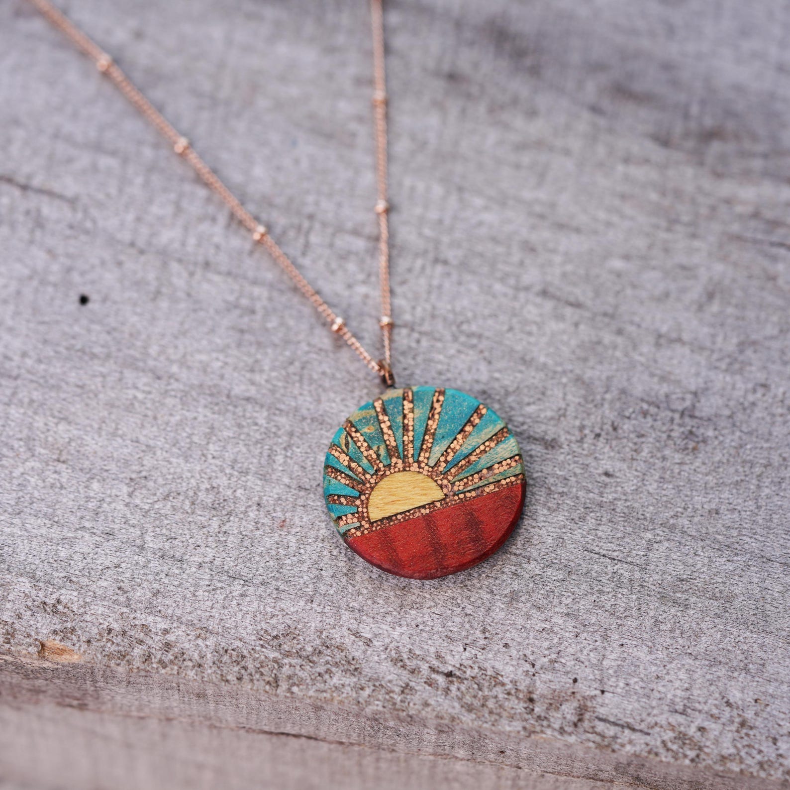 Handmade Sunrise Necklace: Recycled Wood and Copper Inlay With 14k Rose ...