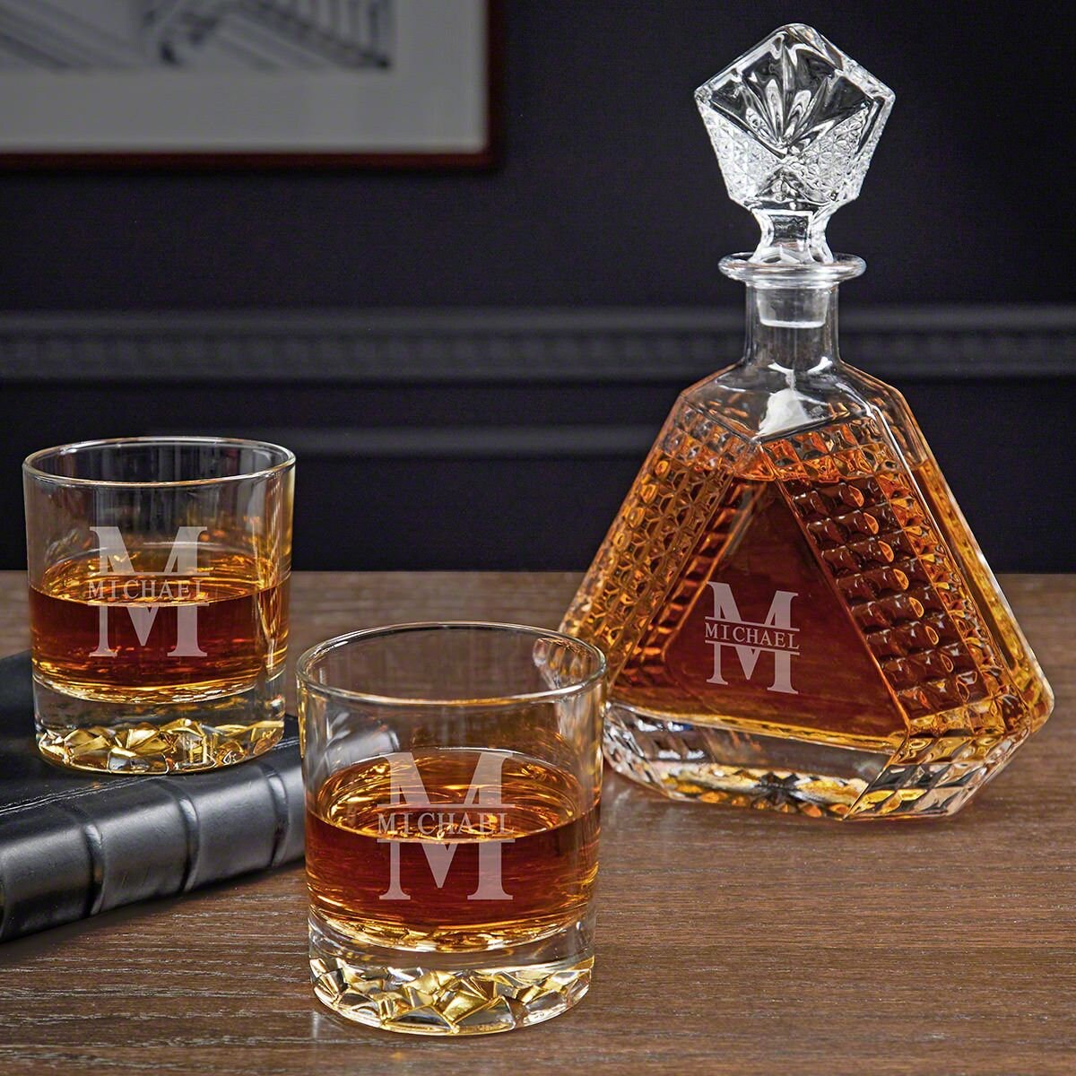 Custom Crystal Whiskey Decanter With Etched Whiskey Glasses - Custom ...
