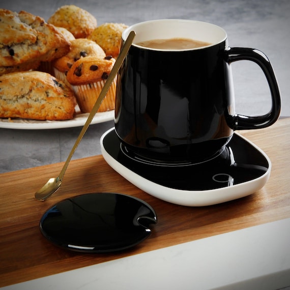 Warm and Cozy Cup Electric Mug Warmer Black Ceramic Coffee Cup Gift Set Coffee Mug Warmer With Lid and Gold Spoon Etsy