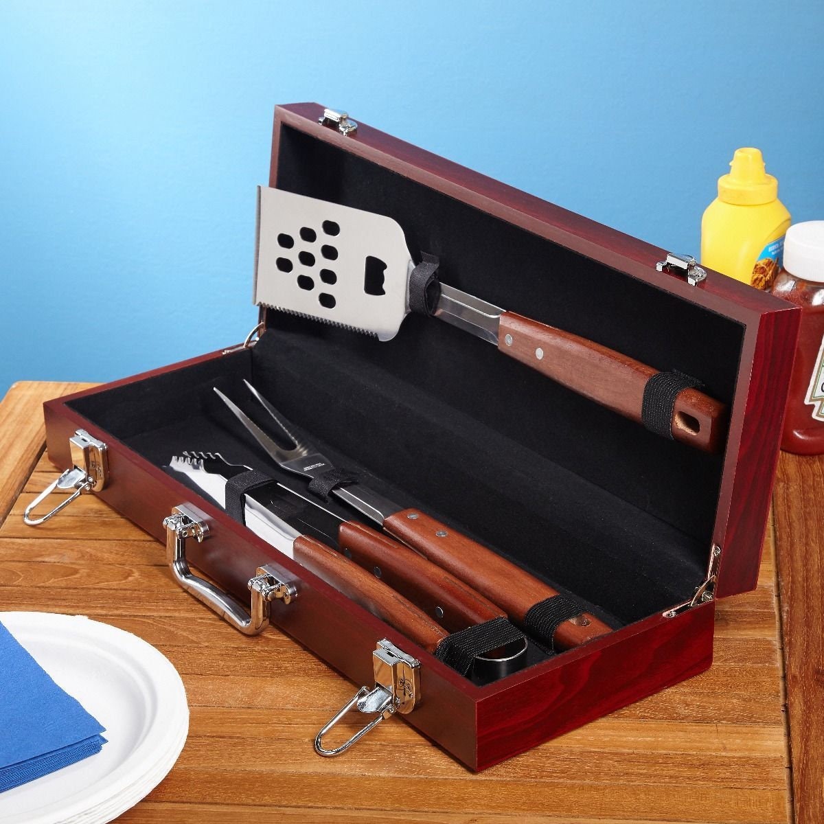 Personalized BBQ Tools Gift Set - Engraved Wooden Case BBQ Grill ...