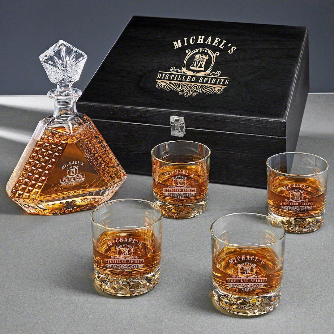 Custom Crystal Whiskey Decanter With Etched Whiskey Glasses - Custom ...