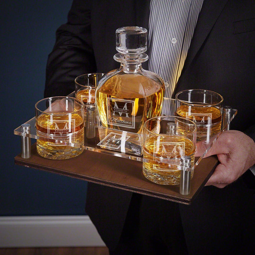 Custom Whiskey Serving Tray With Rocks Glasses - Engraved Rocks Glasses ...