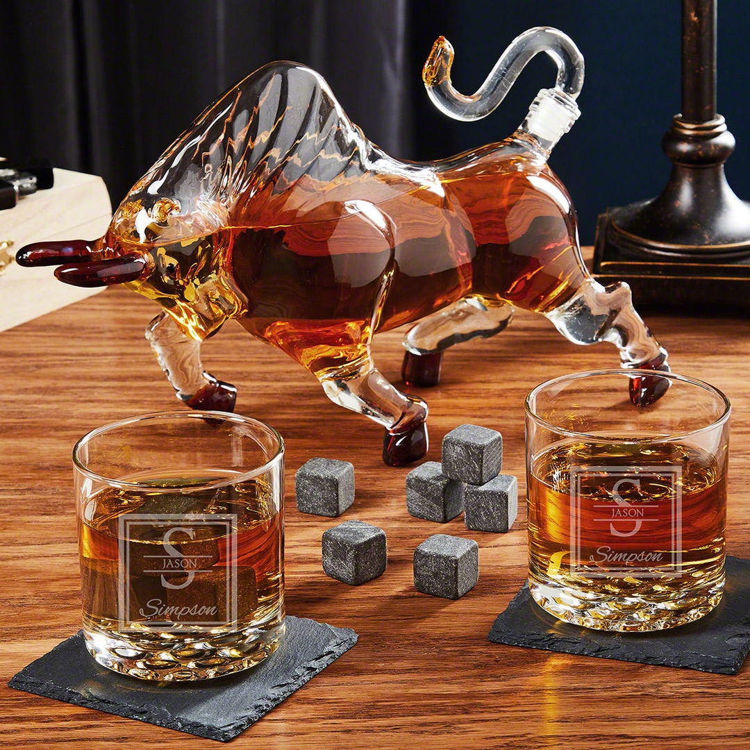 El Matador Bull Etched Decanter With Etched Whiskey Glasses - Whiskey ...
