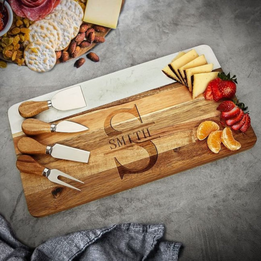 Engraved Charcuterie Board and Utensils - White Marble Acacia Cutting ...