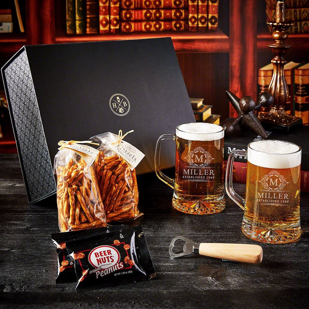Custom Beer Gift Basket, 7pc Beer Lover Gift, Engraved Beer Mugs ...