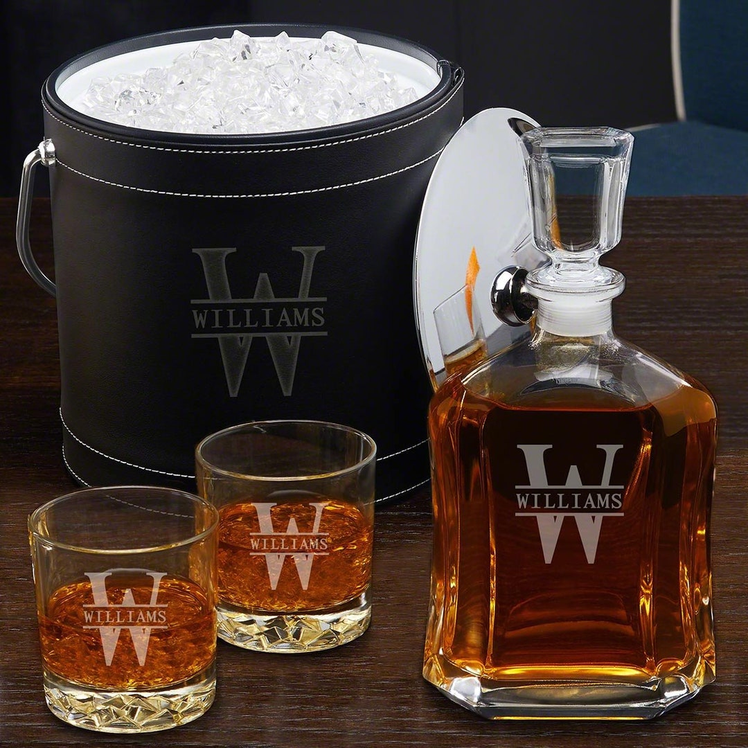 Custom Cocktail Gift Set With Ice Bucket Etched Whiskey Decanter ...