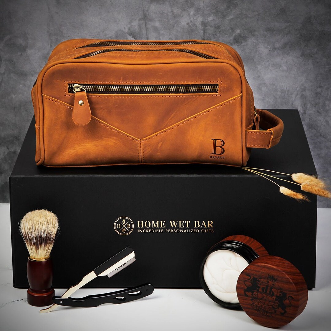Personalized Mens Shaving Kit With Leather Dopp Bag Classic Grooming ...