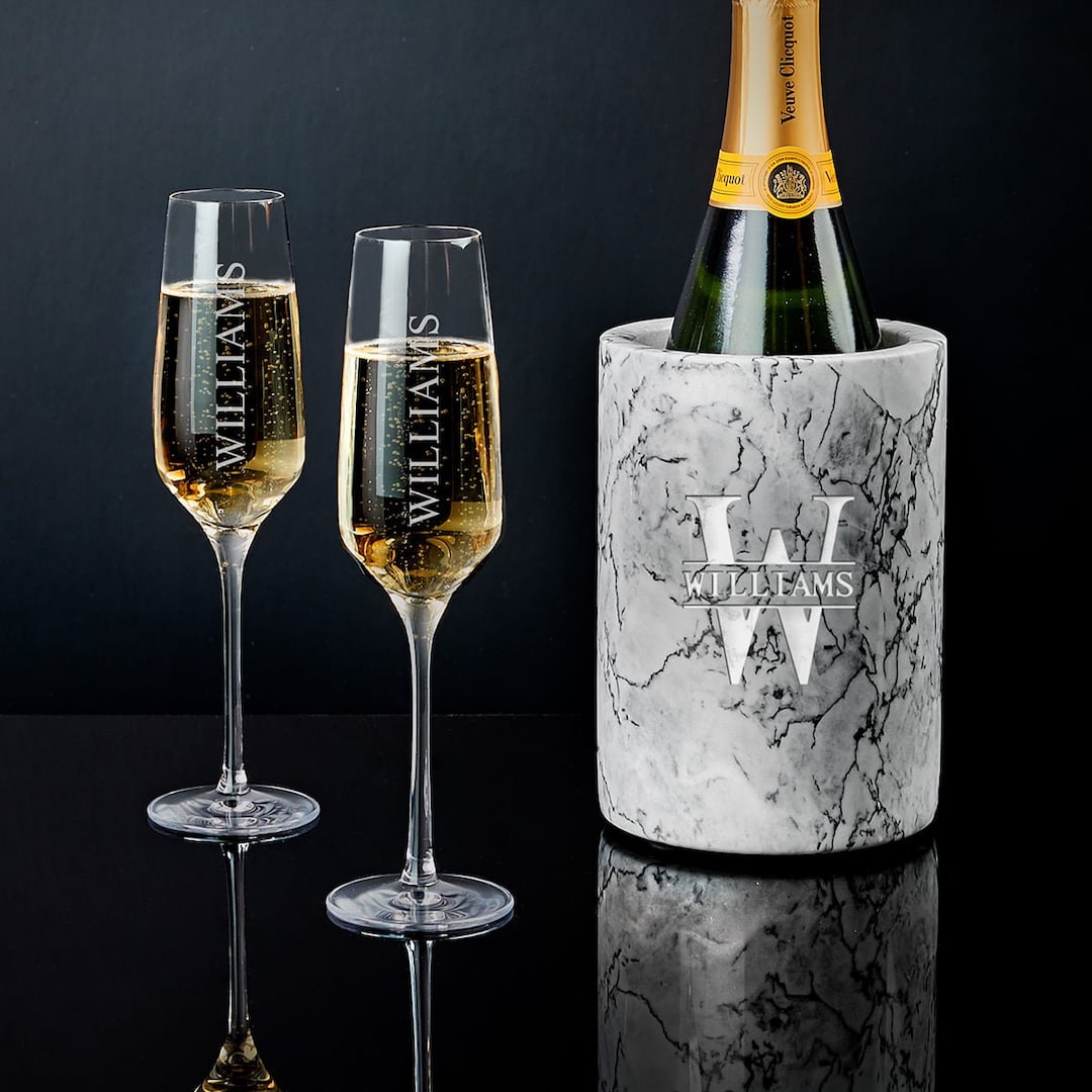 Engraved Champagne Bottle Chiller White Marble With Glasses - Champagne ...
