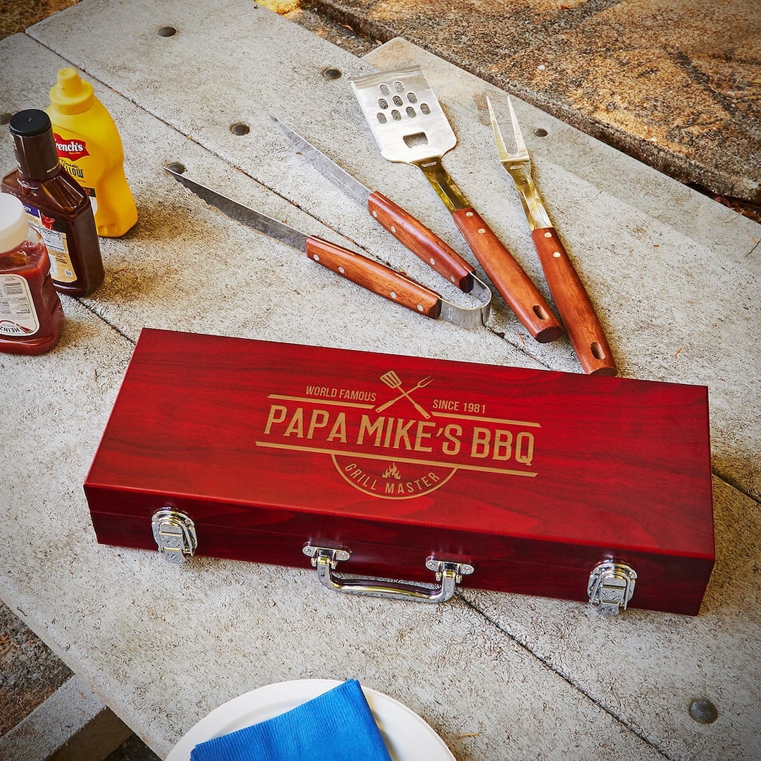 Personalized BBQ Tools Gift Set - Engraved Wooden Case BBQ Grill ...