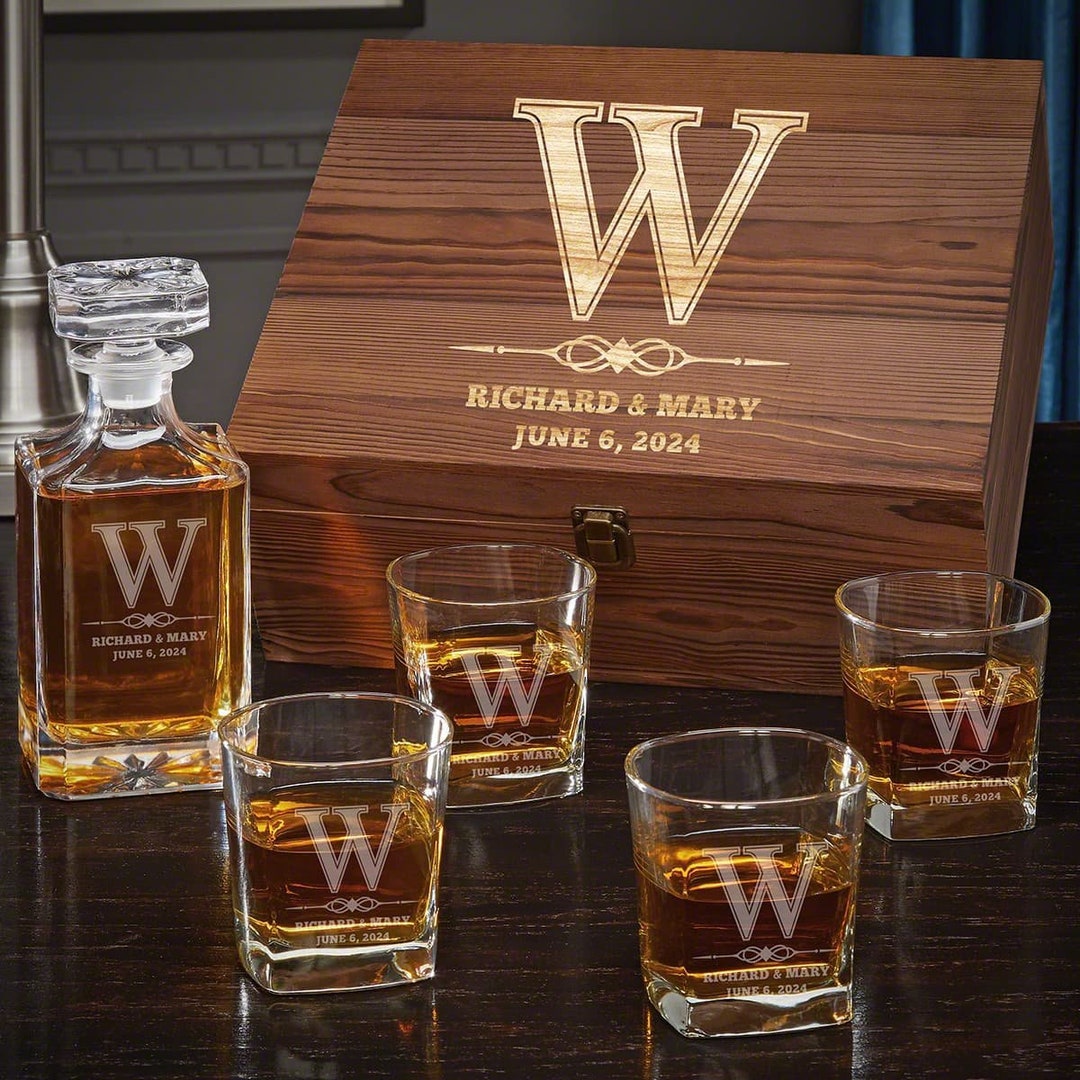 Monogrammed Decanter Set With Square Glasses and Box Option Etched ...