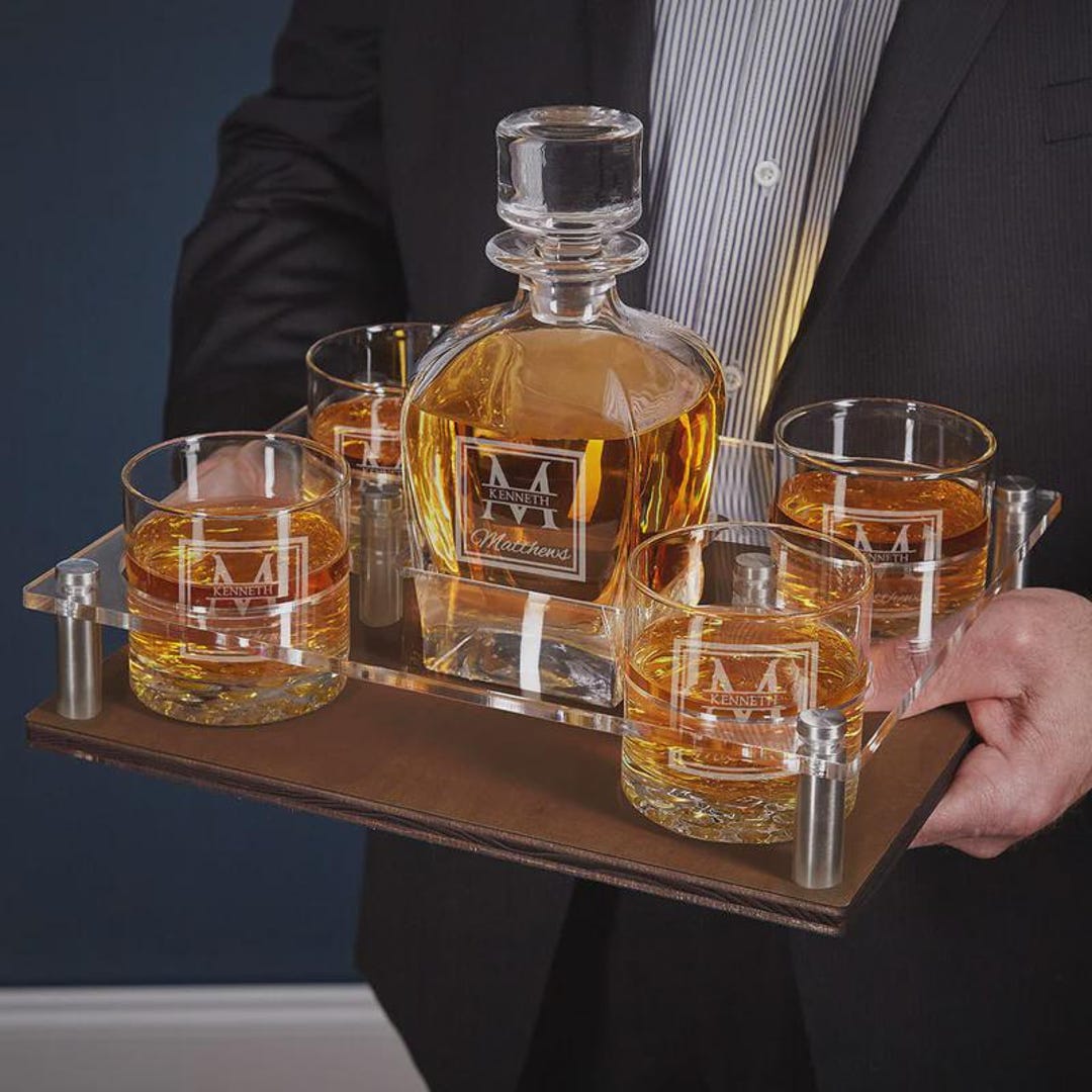 Personalized Whiskey Serving Tray Set - Engraved Decanter and Rocks ...