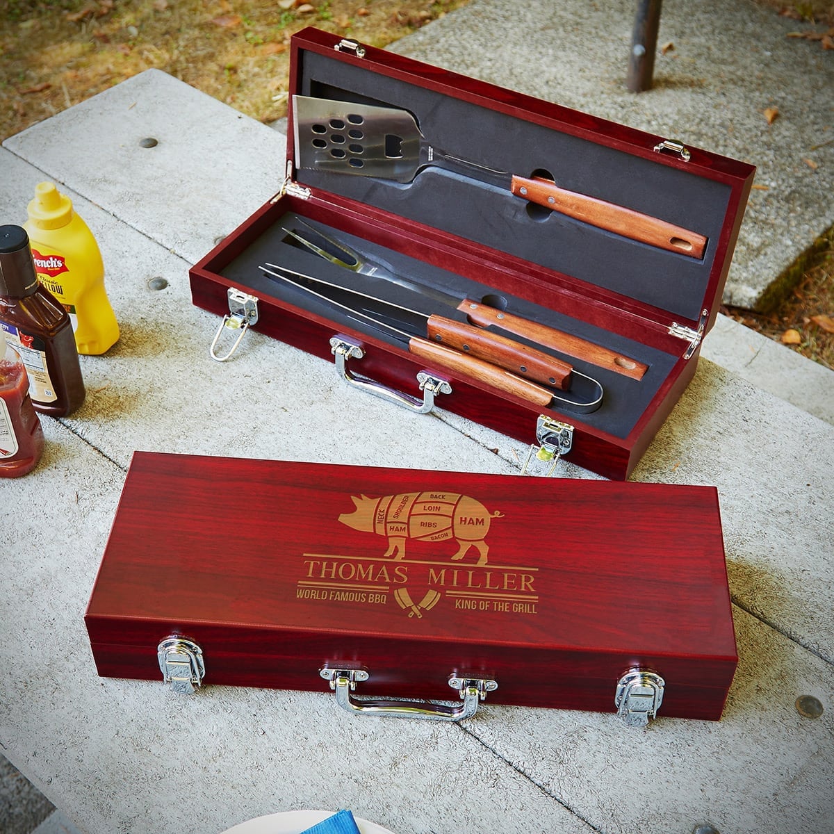Personalized BBQ Tools Gift Set - Engraved Wooden Case BBQ Grill ...