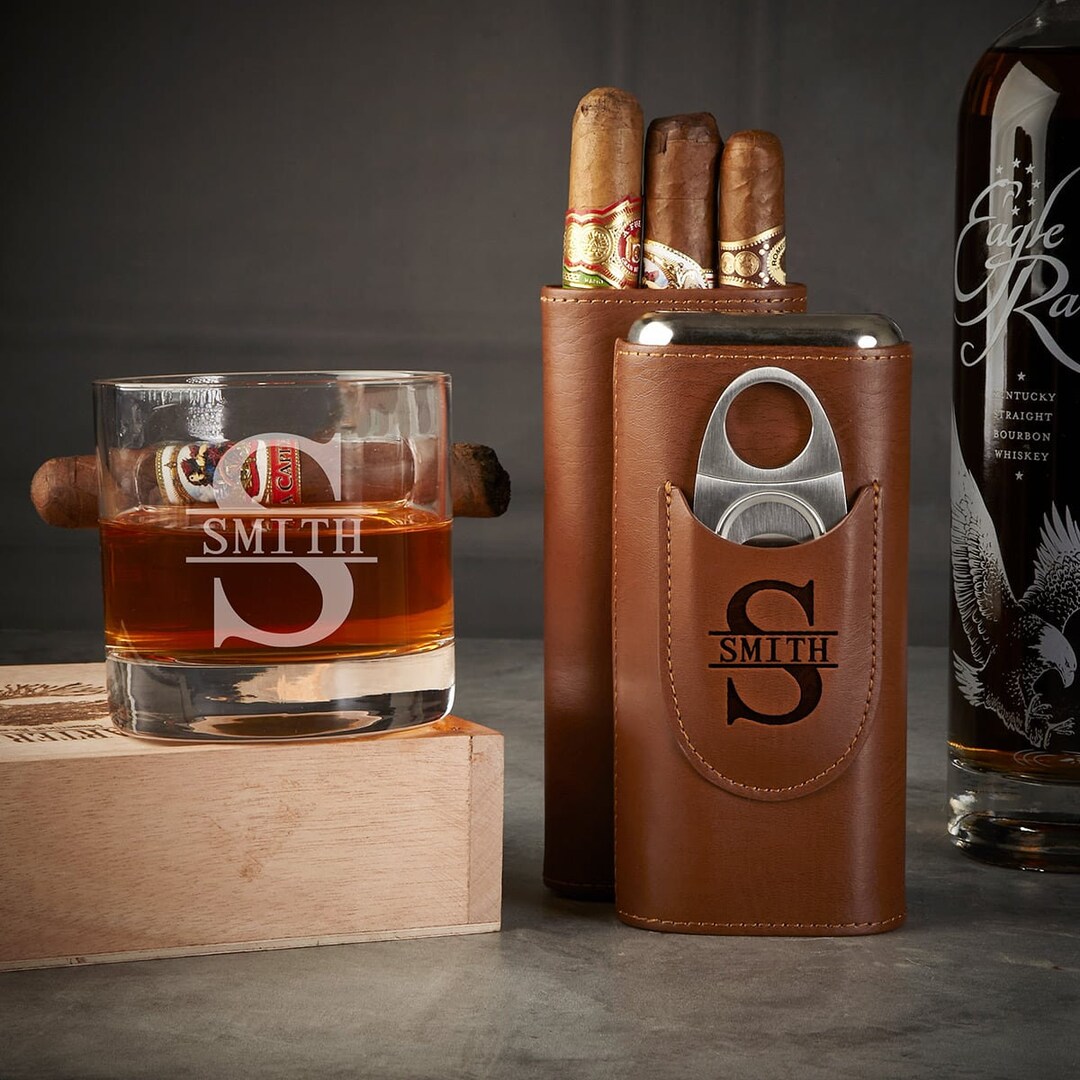 Custom Cigar Glass and Cedar-lined Cigar Case, Brown Leather - Travel ...