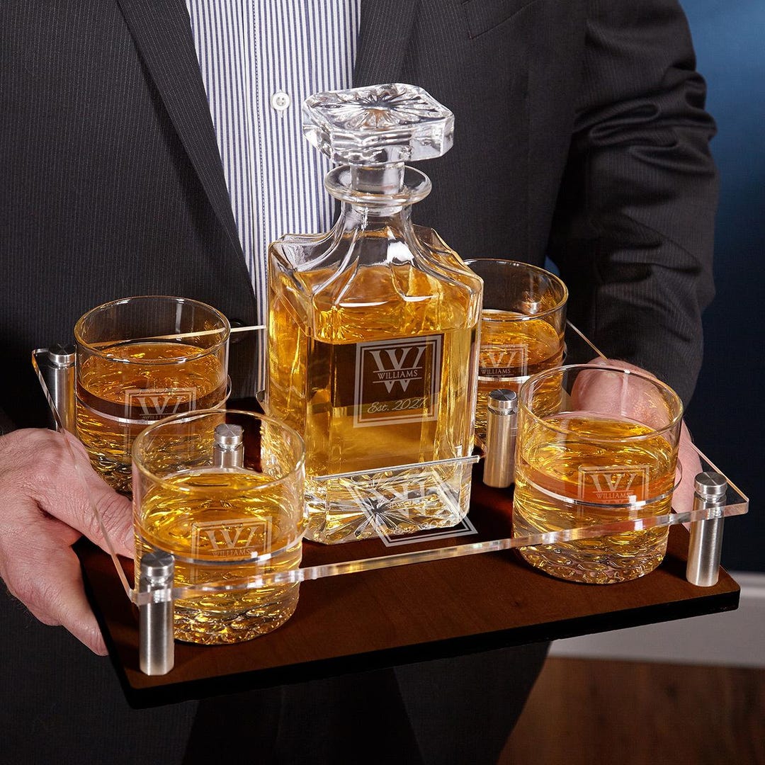 Custom Whiskey Decanter With Tray and Rocks Glasses- Whiskey Serving ...