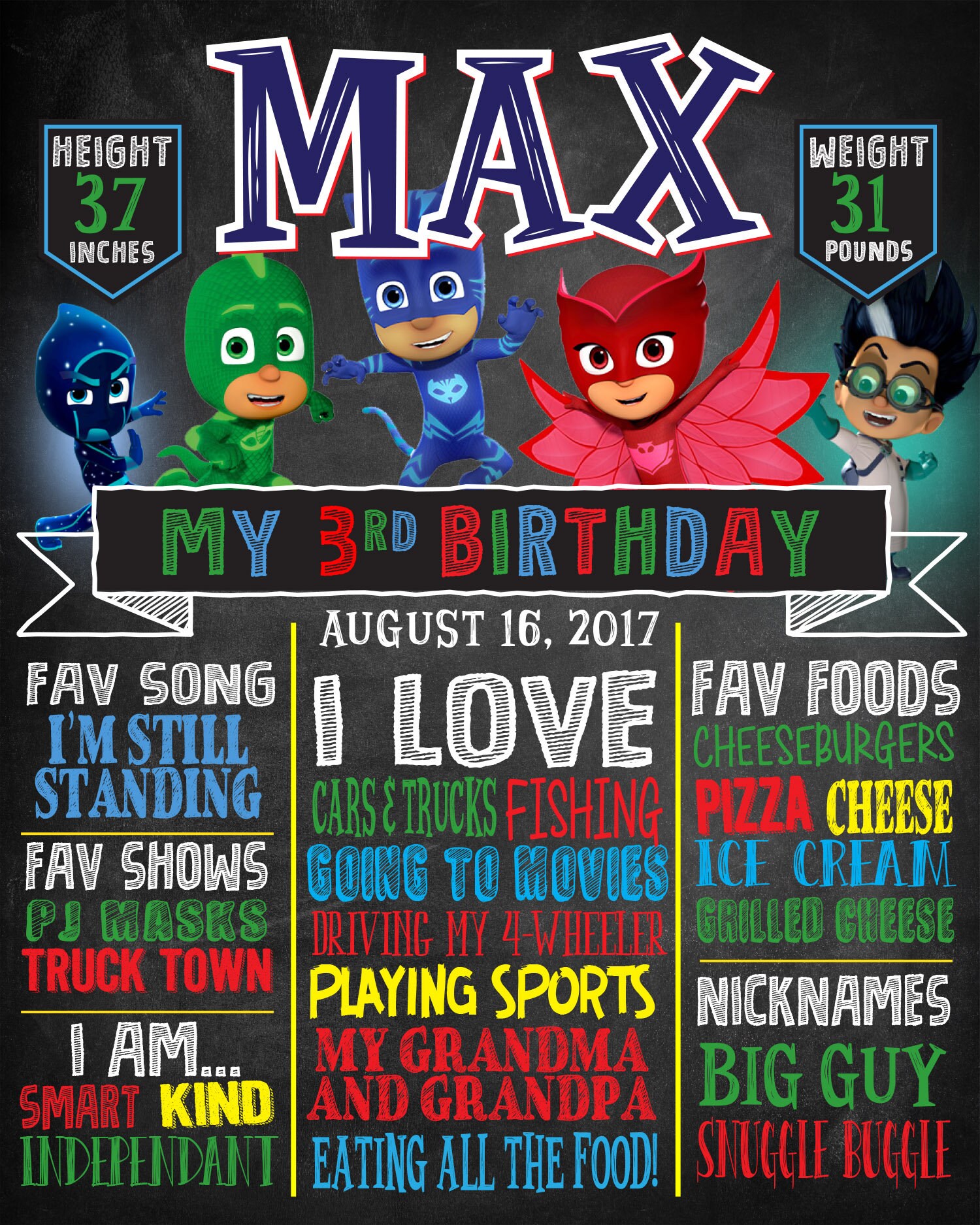 PJ Mask Birthday 1st Birthday Chalkboard Sign ANY AGE | Etsy