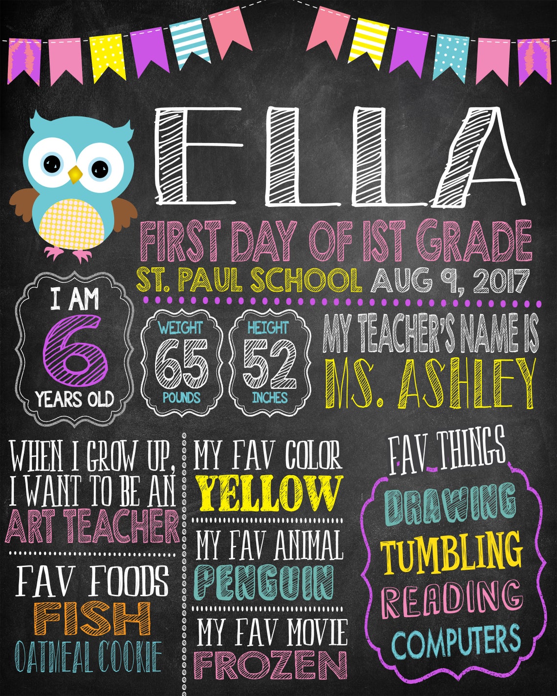 Girls Owl Themed First Day of School Sign ANY GRADE - Etsy