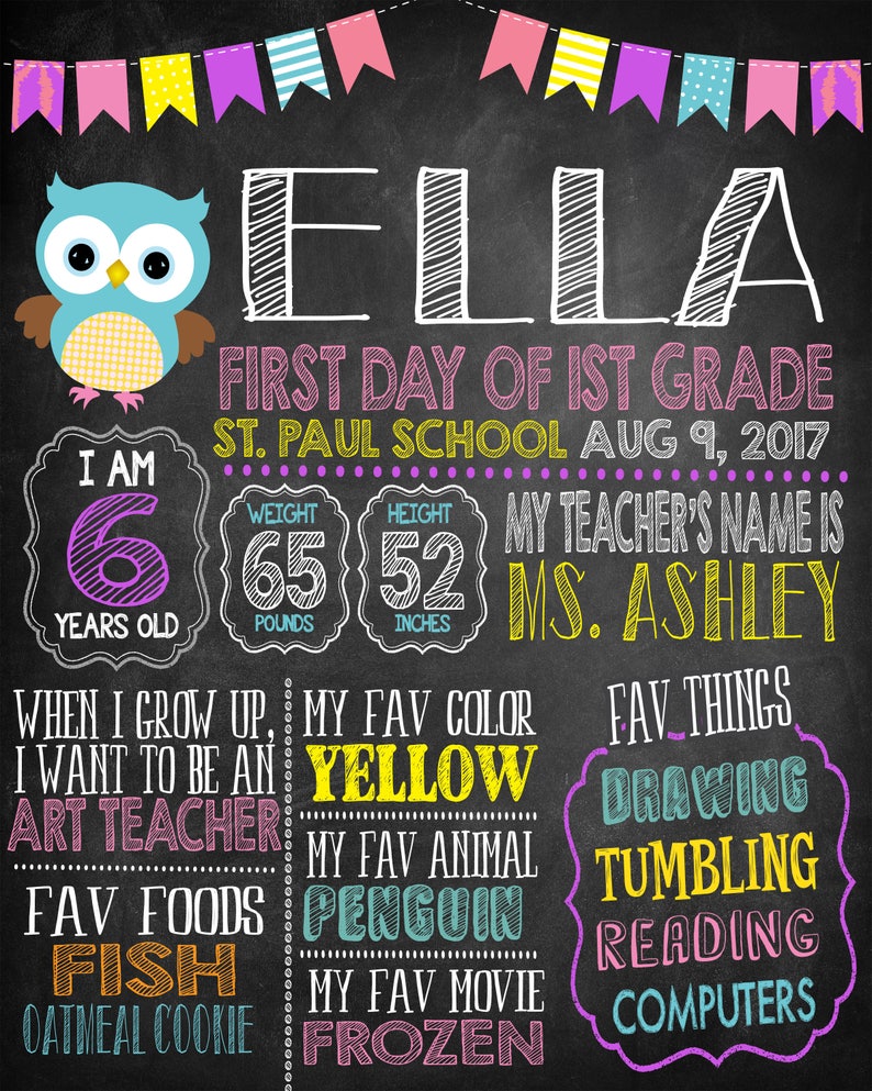 Girls Owl Themed First Day of School Sign ANY GRADE - Etsy