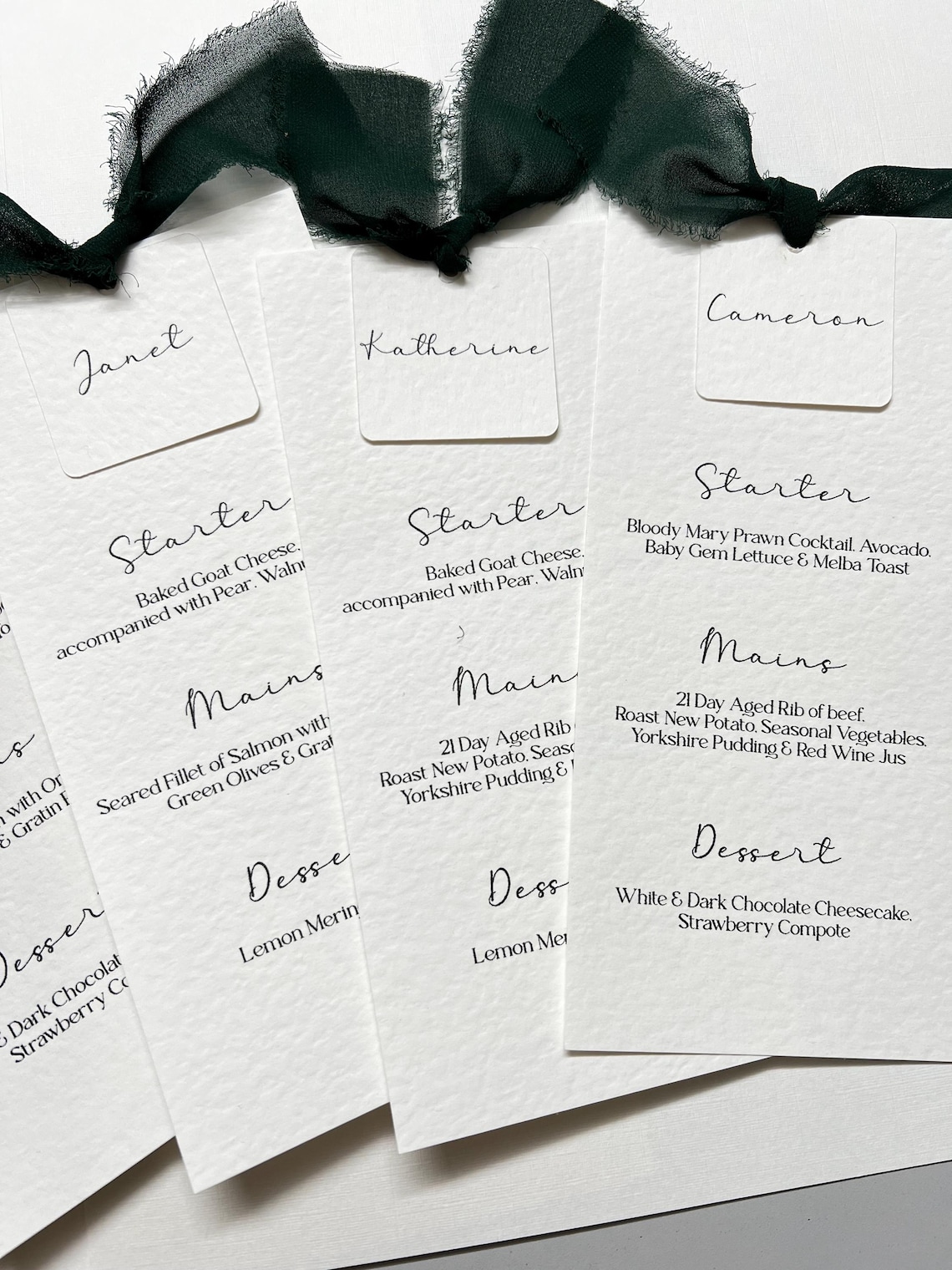 Wedding Breakfast Menus With Dark Green Chiffon Ribbon, Forest Green ...