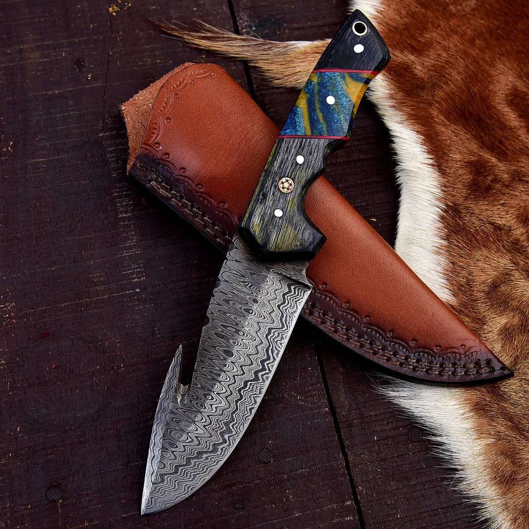 Damascus Steel Gut Hook Bramble Shark Hunting Knife W/ Genuine Leather ...
