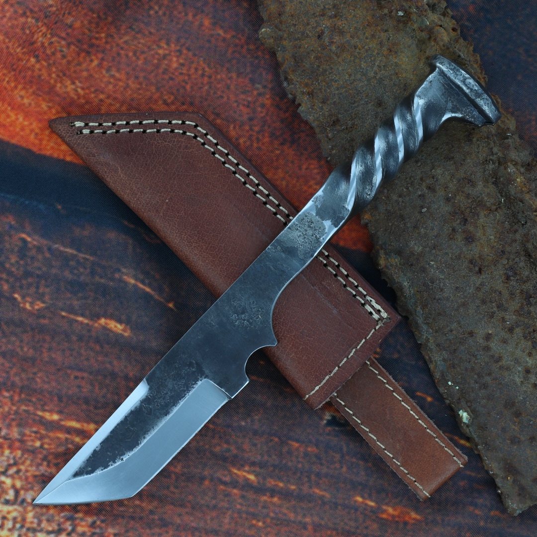 Steel Maiden Hand Forged Twisted Handle Railroad Spike Knife Full Tang Tanto Perfect Groomsmen ...
