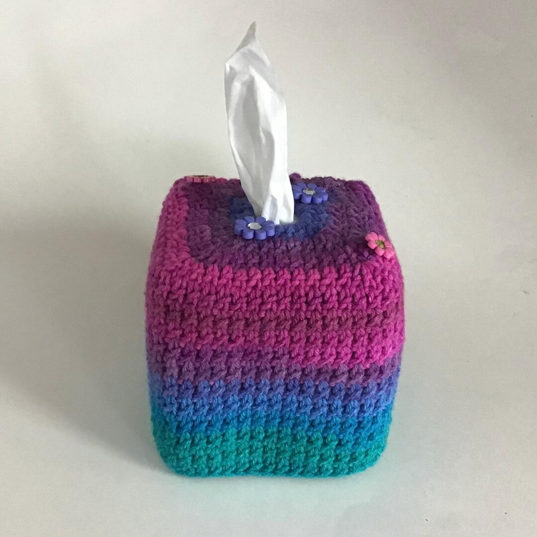 Crocheted Tissue Box Cover, Purple Pink Blue Green Stripes, Flower ...