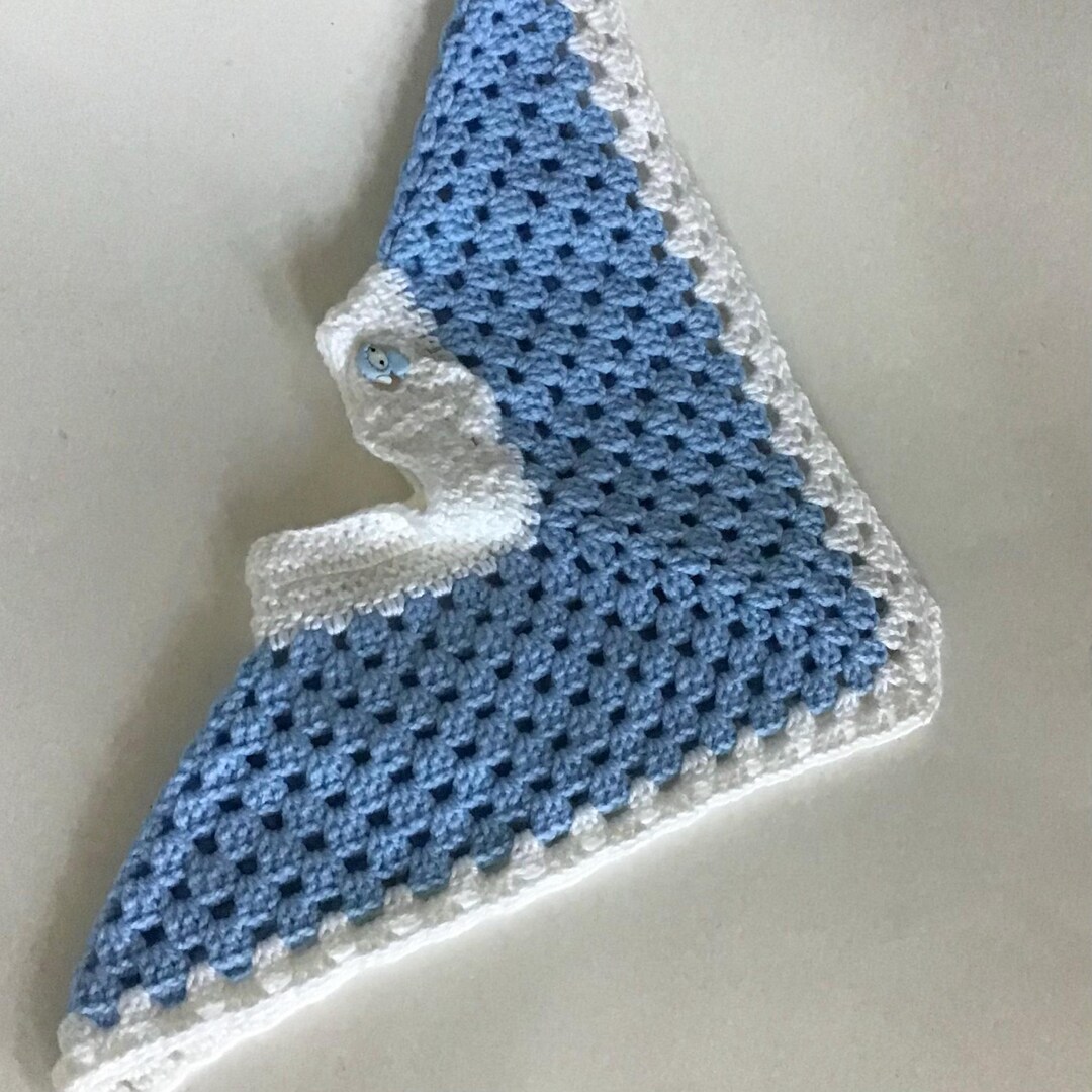 Crocheted Baby Poncho, Blue Shawl With and White Trim, Blue Lamb Button ...