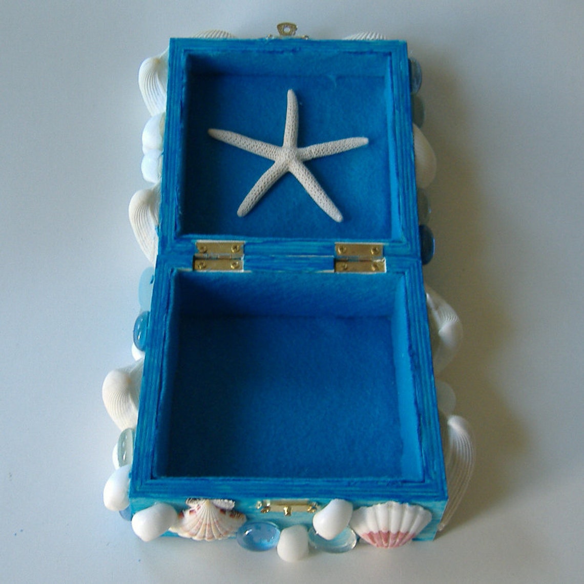 Trinket Box With Seashells and Glass Gems, Blue Wooden Beach-themed ...