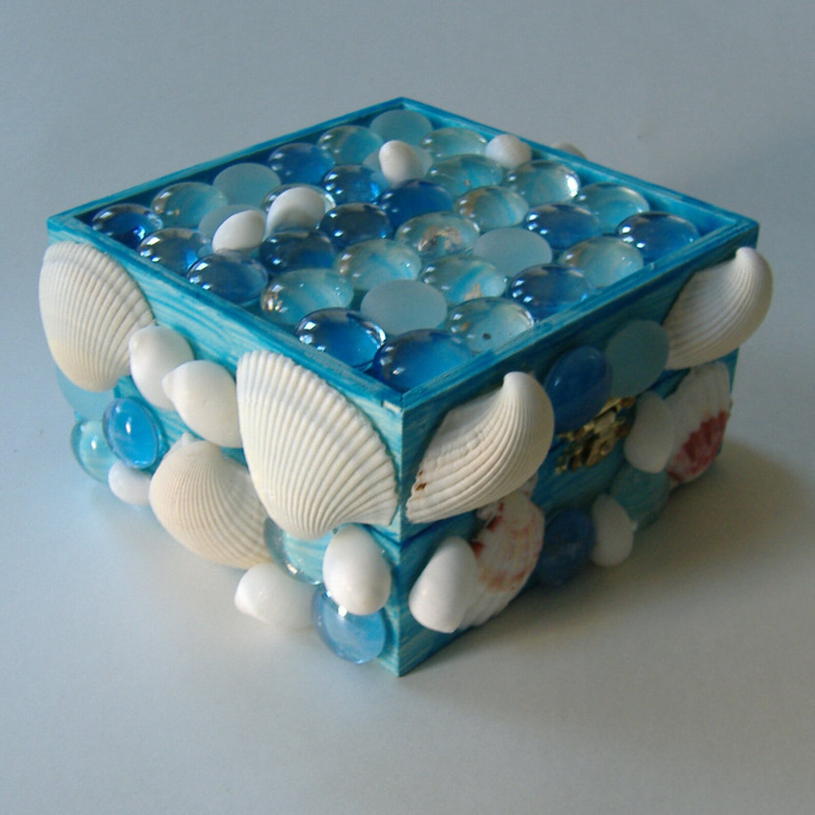 Trinket Box With Seashells and Glass Gems, Blue Wooden Beach-themed ...