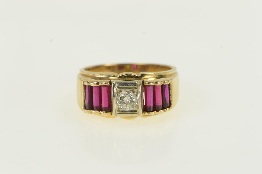 14K 1930's Diamond Syn. Ruby Bar Men's Ring Size 10.75 - Etsy