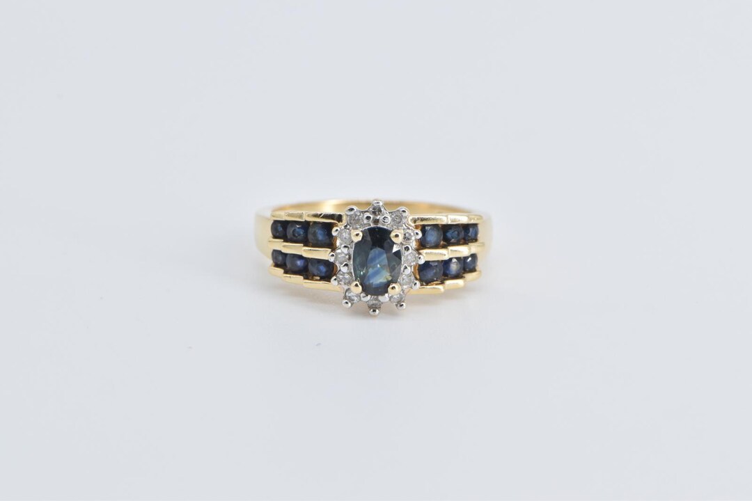 14K Oval Sapphire Diamond Halo Engagement Ring Size 7 Yellow Gold - Etsy