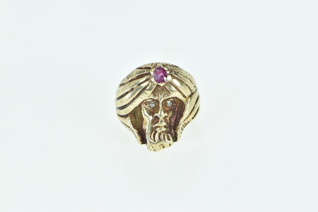 14K Diamond Eyed Ruby Turban Jafar Statement Ring Size 4.25 Yellow Gold ...