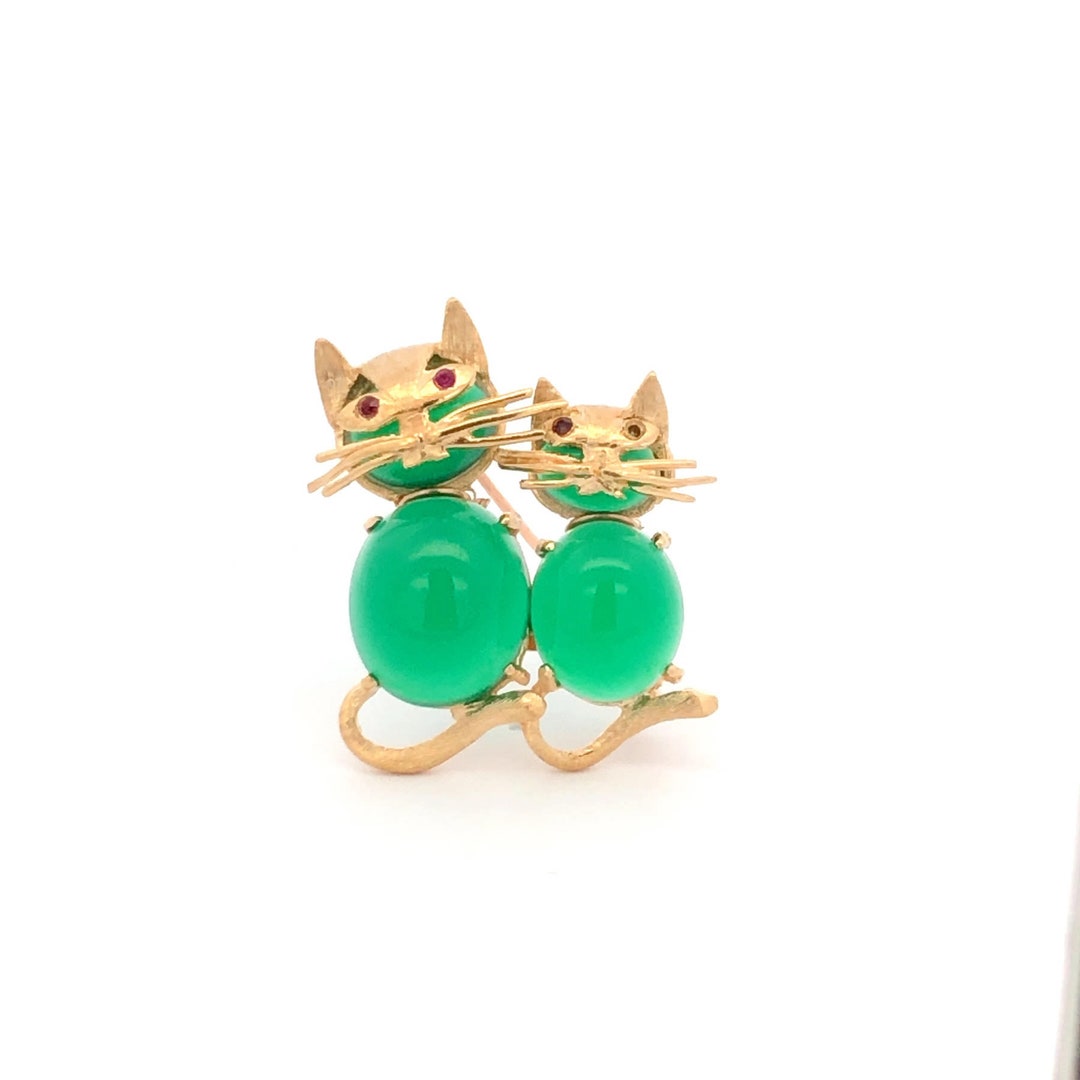 14K 1960's Green Glass Ruby Kitty Cats Kittens Pin/brooch Yellow Gold ...
