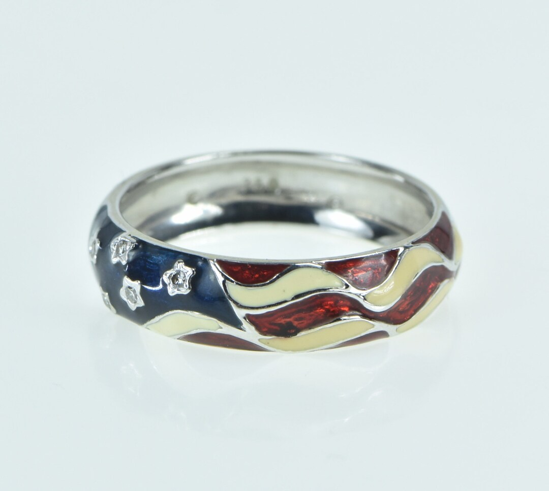 18K Diamond Enamel American Flag Patriotic Ring Size 9.25 White Gold - Etsy