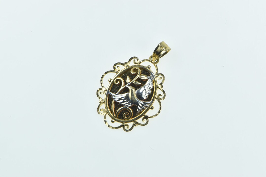 14K Dove Filigree Oval Scroll Vine Faith Message Charm/pendant Yellow ...