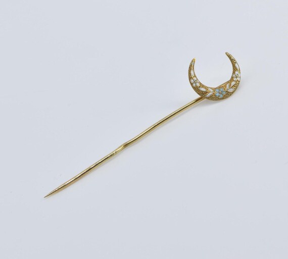 14K Victorian Floral Enamel Crescent Moon Stick Pin Y… - Gem