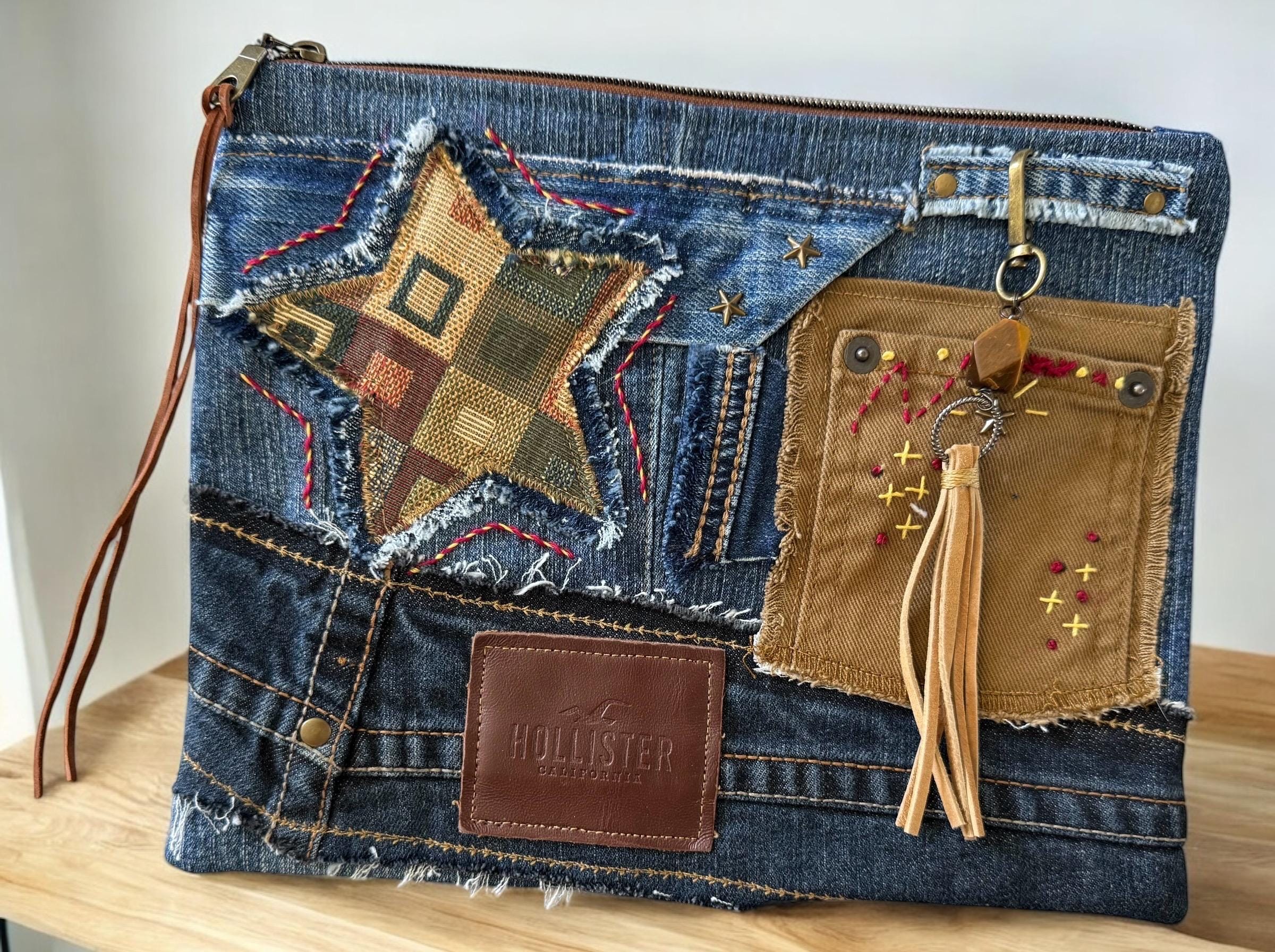 Handmade Upcycled Denim Clutch: Embroidered Star Patchwork Bag - Etsy