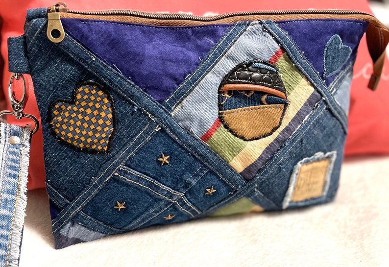 Denim Patchwork Clutch Wristlet: Upcycled Jeans, Boho Chic Bag - Etsy