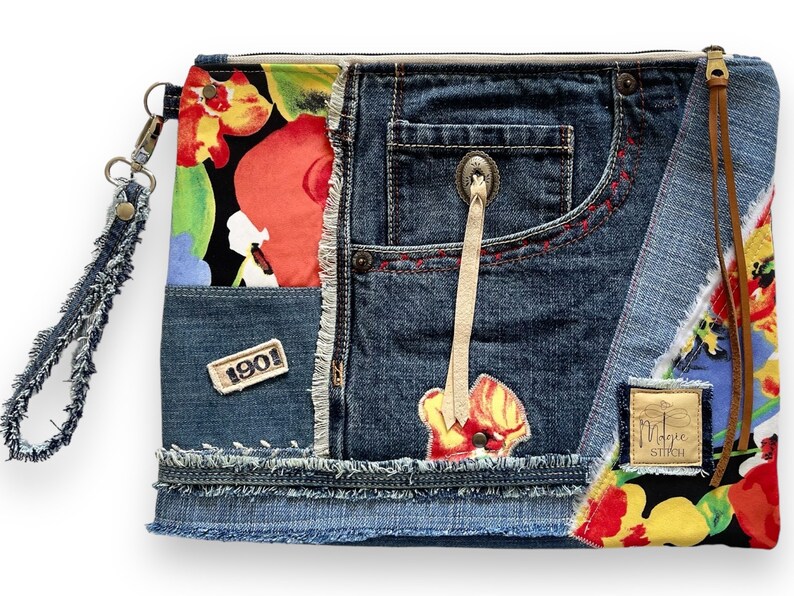 Floral Patchwork Denim Clutch Handbag From Upcycled Denim Jeans - Etsy