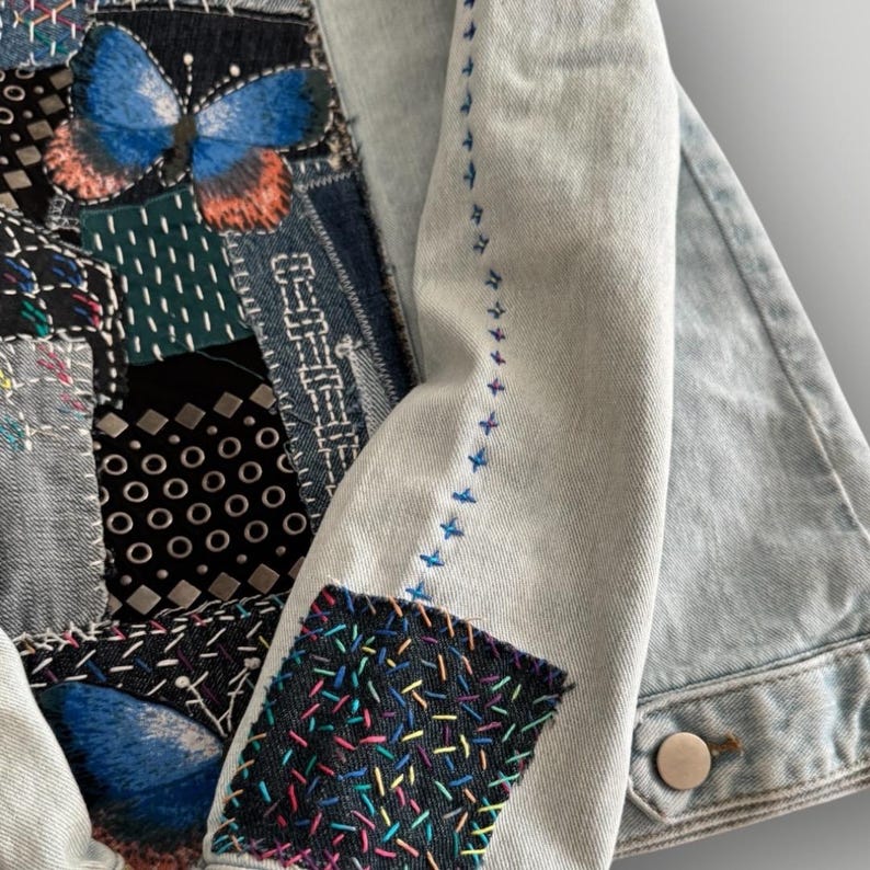One-of-a-kind Sashiko Boro Denim Jacket With Butterfly Appliqué | Hand ...