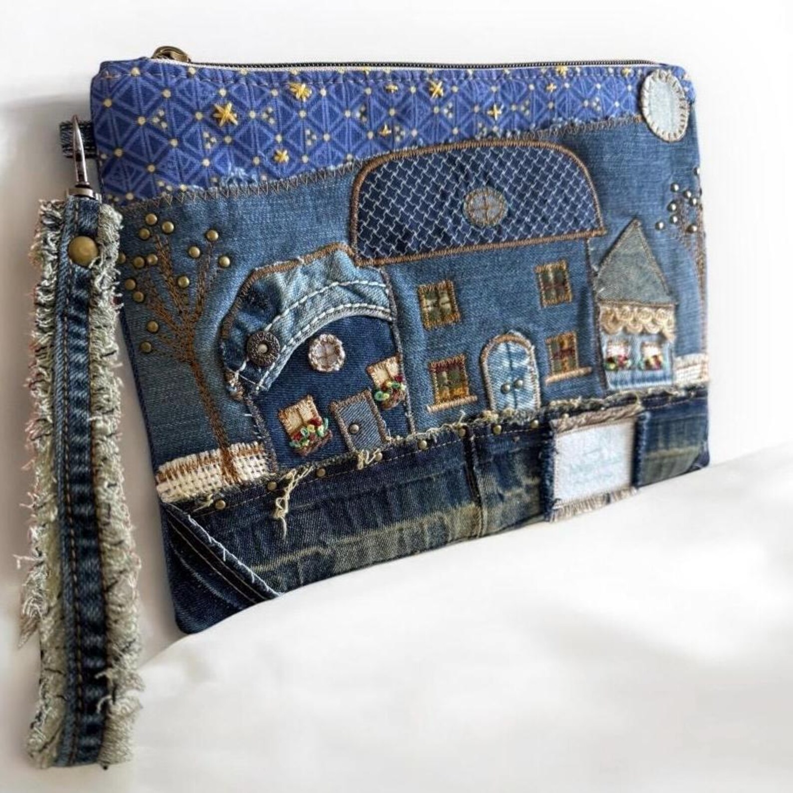 Handmade Denim Patchwork Clutch – Shoulder Bag & Wristlet With Hand ...