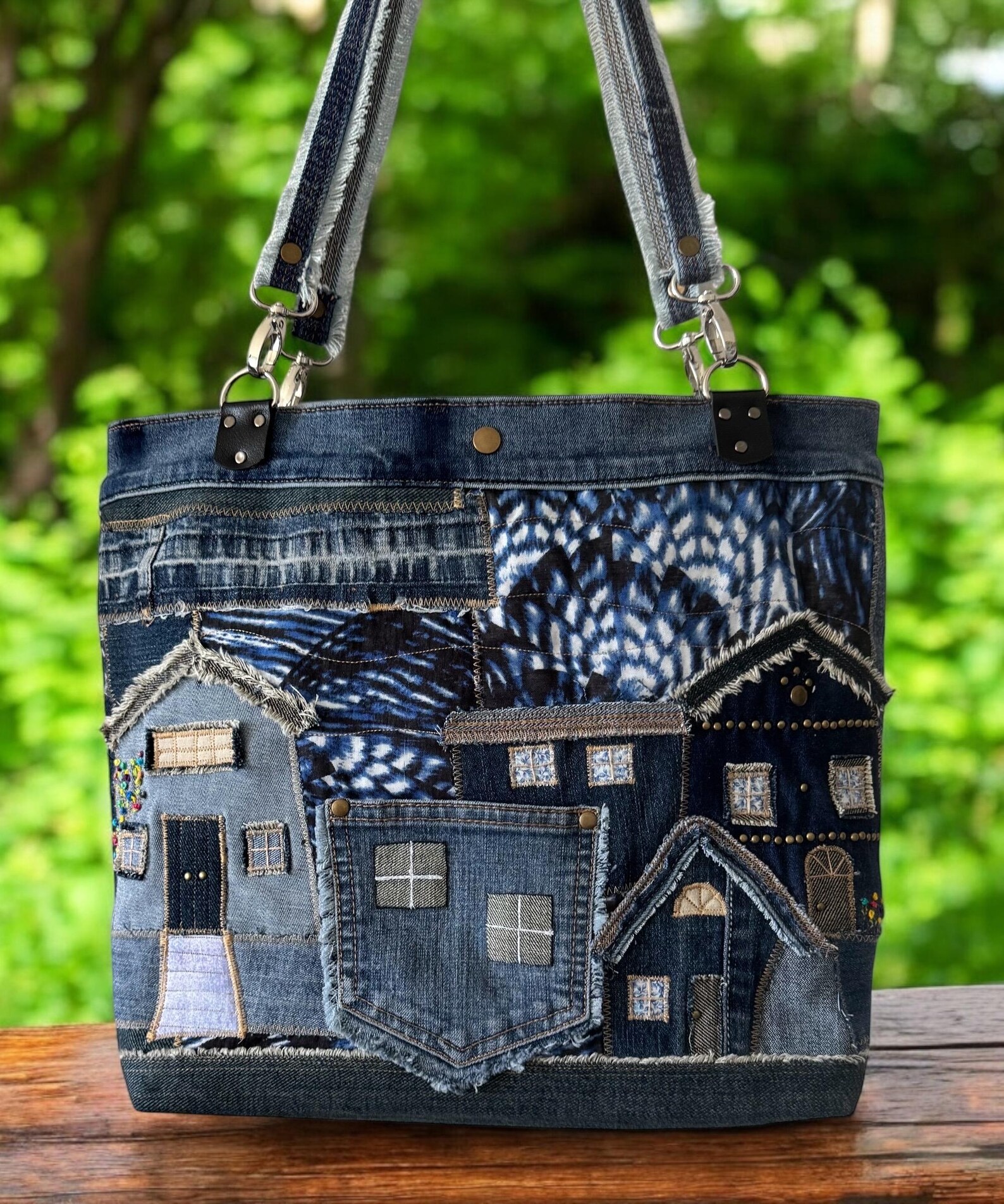 Denim Patchwork Tote–handmade Village Scene Shoulder Bag-one of a Kind ...