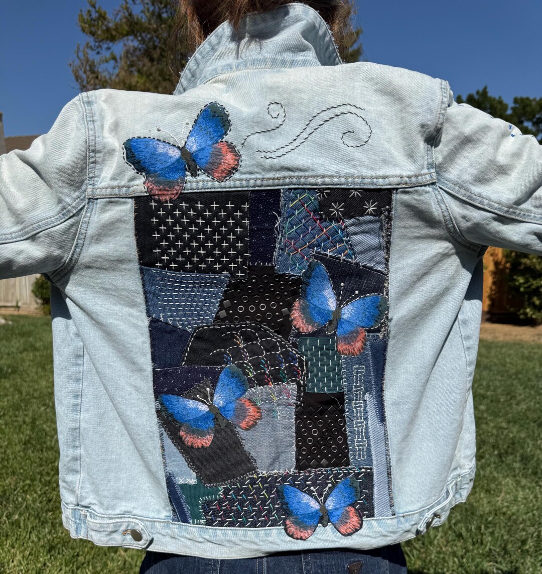 One-of-a-kind Sashiko Boro Denim Jacket With Butterfly Appliqué | Hand ...