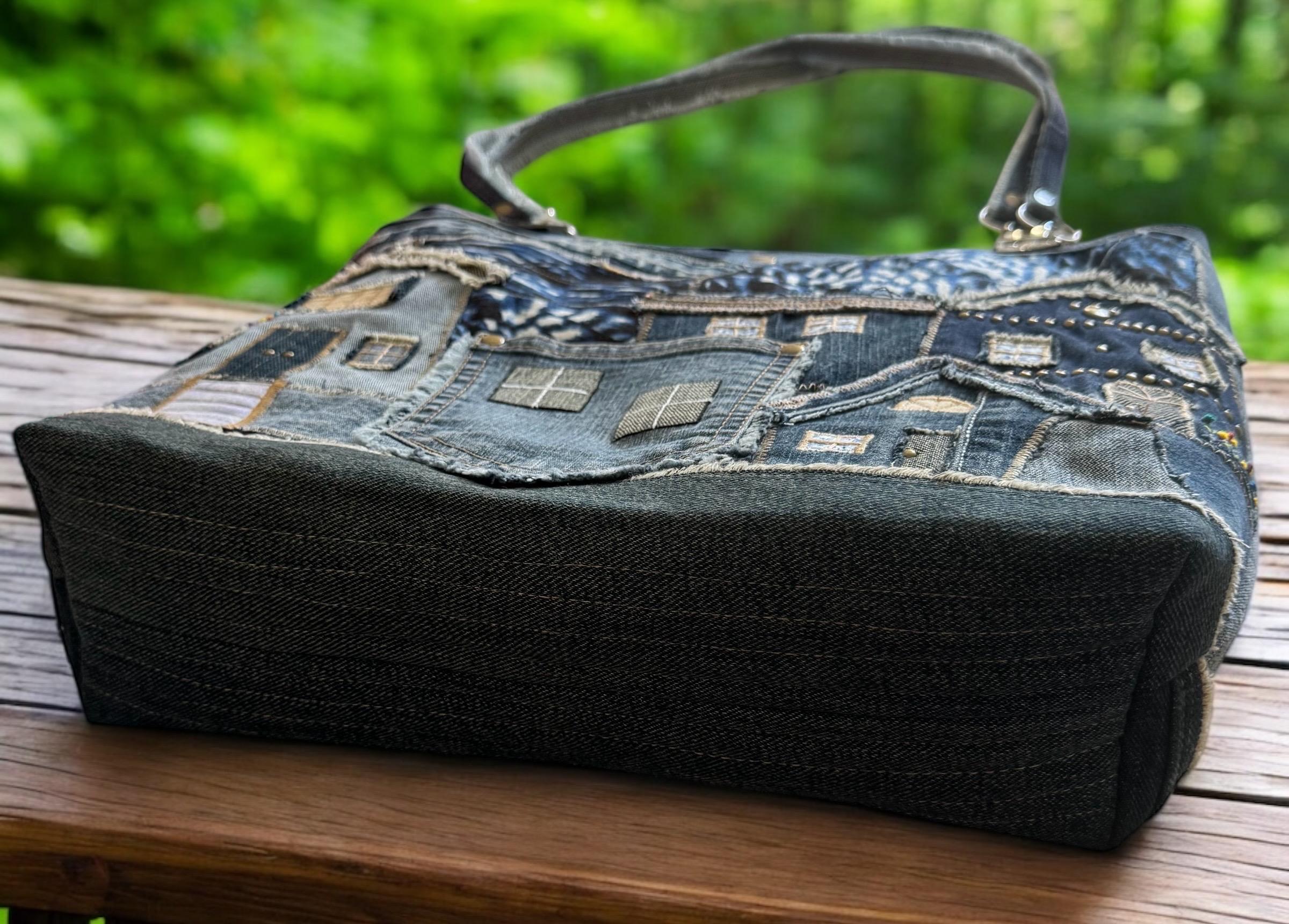 Denim Patchwork Tote–handmade Village Scene Shoulder Bag-one of a Kind ...