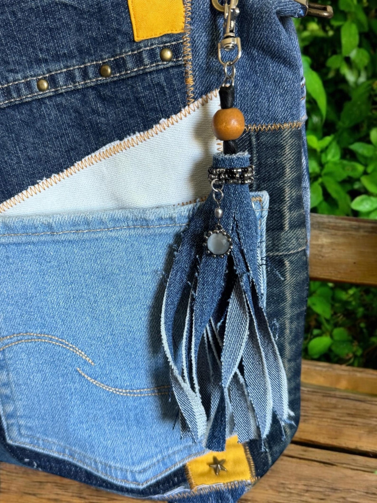 Boho Denim Tassel Charm: Handmade Crystal & Bead Bag Accessory - Etsy