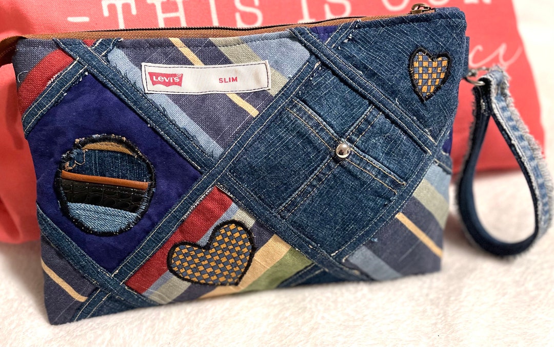 Denim Patchwork Clutch Wristlet: Upcycled Jeans, Boho Chic Bag - Etsy