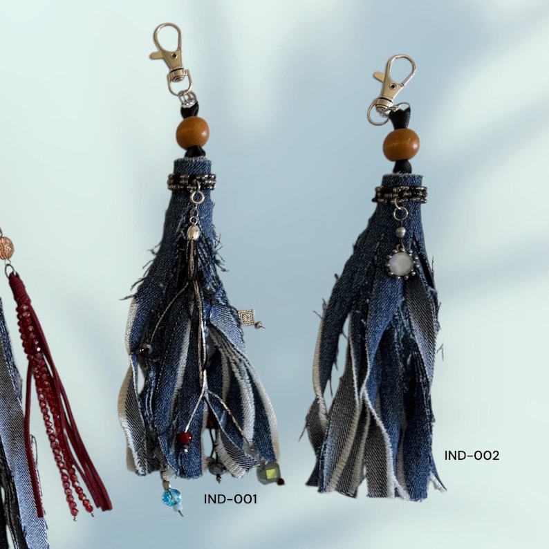 Boho Denim Tassel Charm: Handmade Crystal & Bead Bag Accessory - Etsy