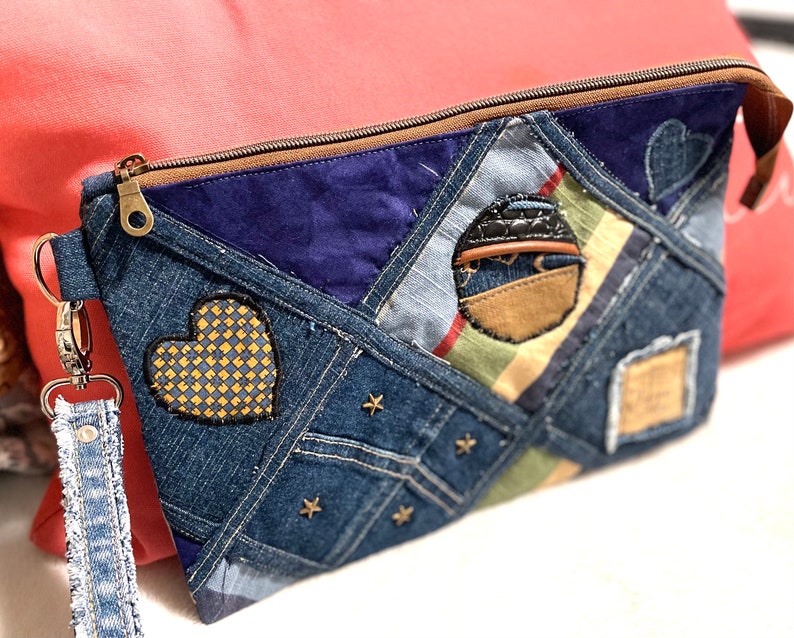 Denim Patchwork Clutch Wristlet: Upcycled Jeans, Boho Chic Bag - Etsy