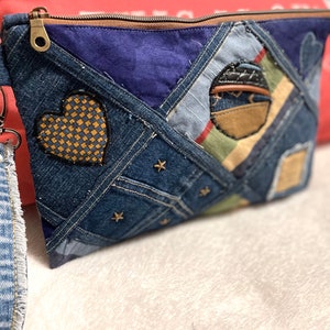 Denim Patchwork Clutch Wristlet: Upcycled Jeans, Boho Chic Bag - Etsy