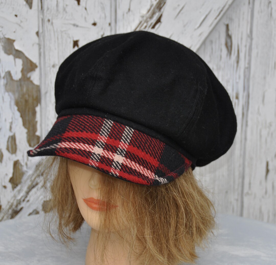Newsboy Cap in Black Wool and Red and Black Tartan Visor Size M - Etsy